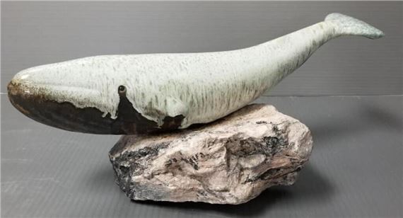 Maigon Daga | Daga signed pottery blue whale figure on stone | MutualArt