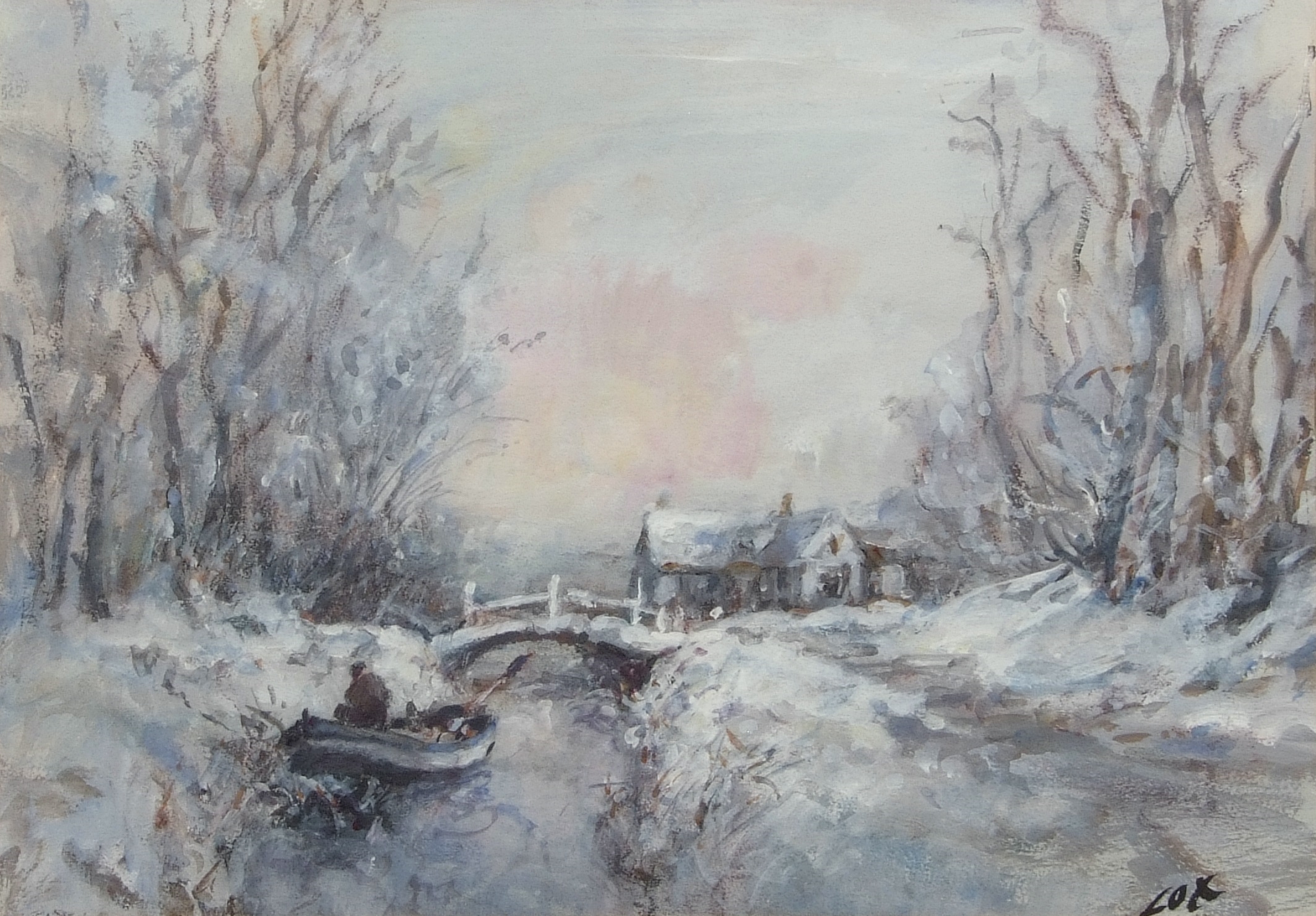 Jack Cox | Winter landscape with a figure in a rowing boat before a ...