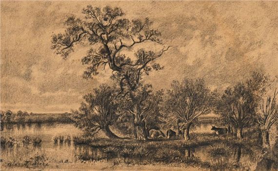 Jules Dupré | Jules DUPRÉ (1811-1889) Cows under trees near a river ...