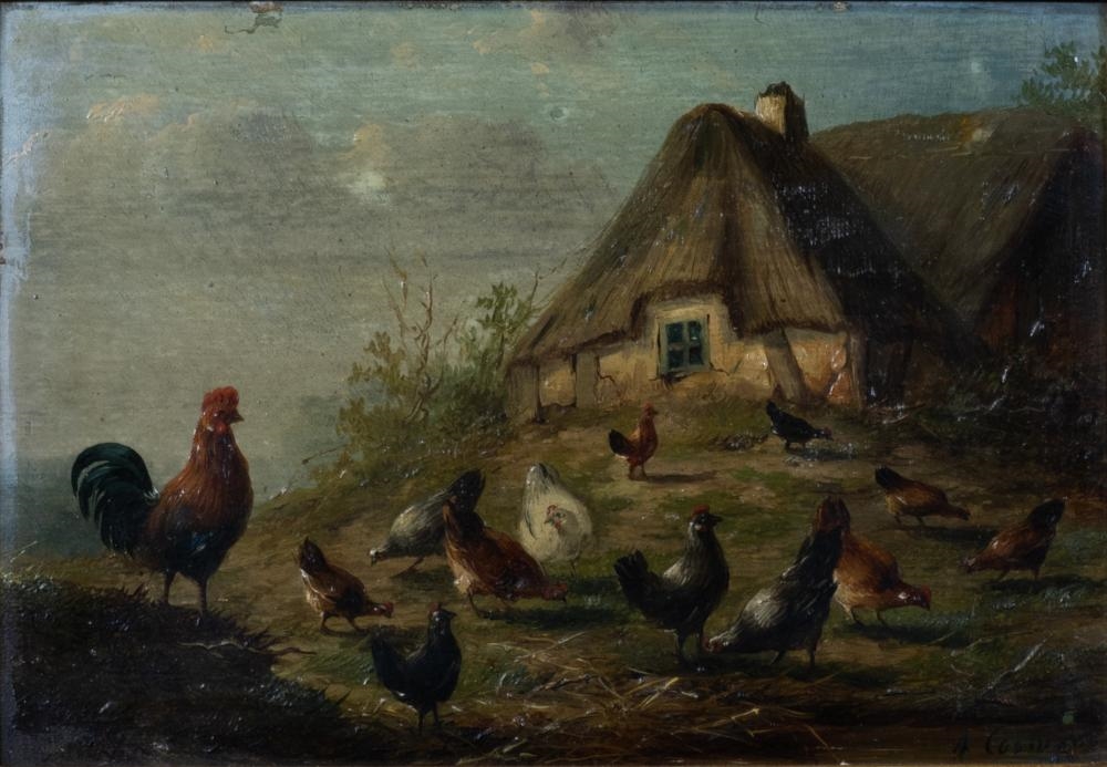 Auguste Coomans | Chickens And Rooster In The Yard | MutualArt