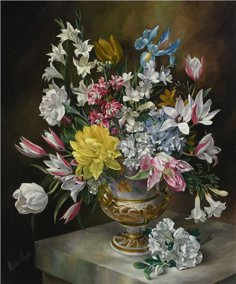 Harold Clayton | Still life with flowers in a vase on a marble plinth ...