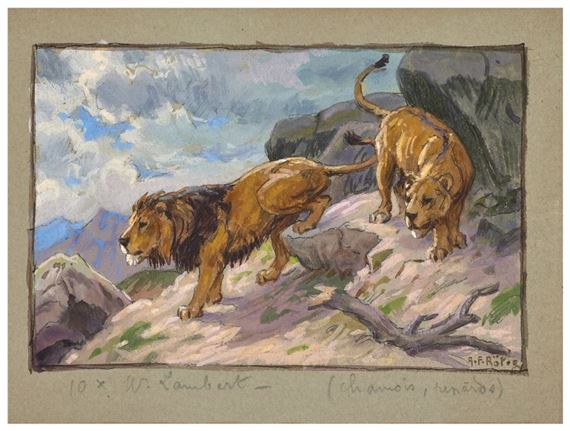 Georges Frédéric Rötig | Lion and lioness in the rocks Signed lower ...