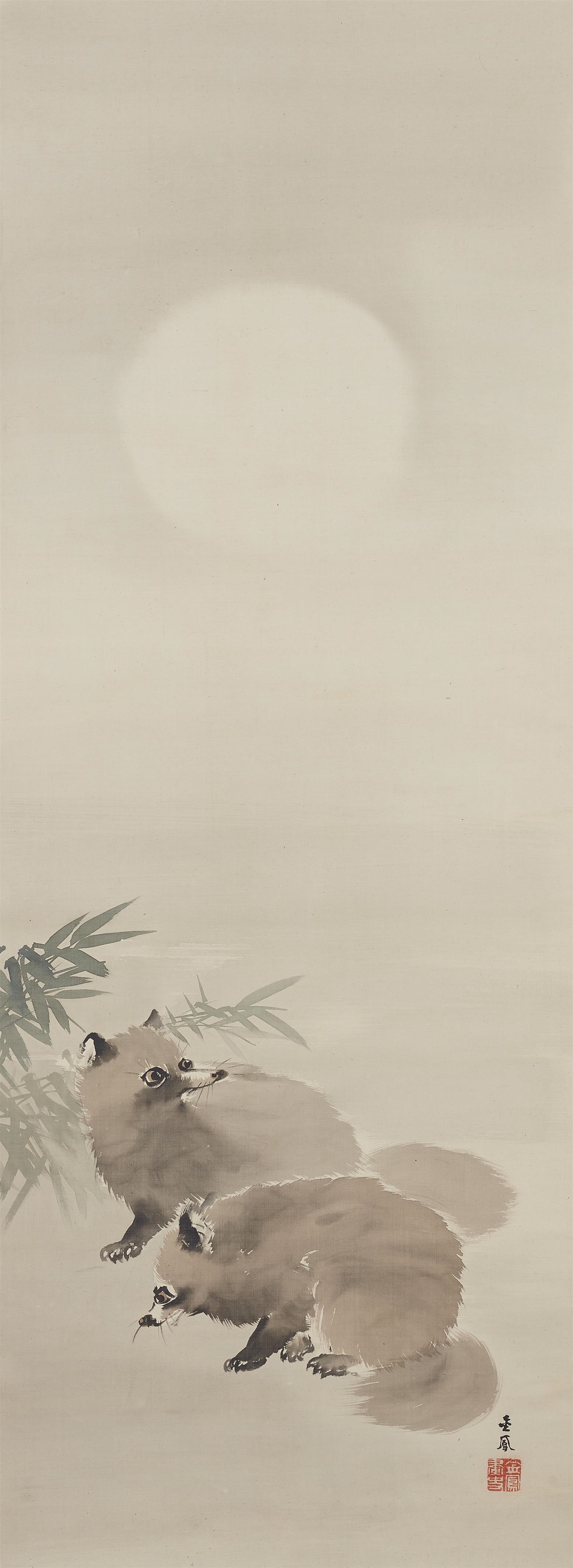 Kimpo Mochizuki | A hanging scroll depicting two tanuki and dwarf under ...