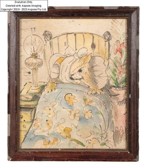 Louis Wain | An angry bandaged cat in bed | MutualArt