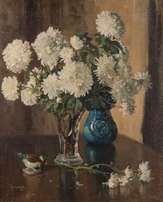 Joseph Edward Hennah | still life of white chrysanthemums in a vase ...