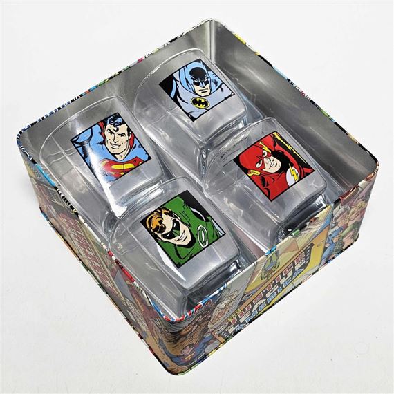 DC Comics | Set of four DC Comics Justice League glass tumblers in tin ...