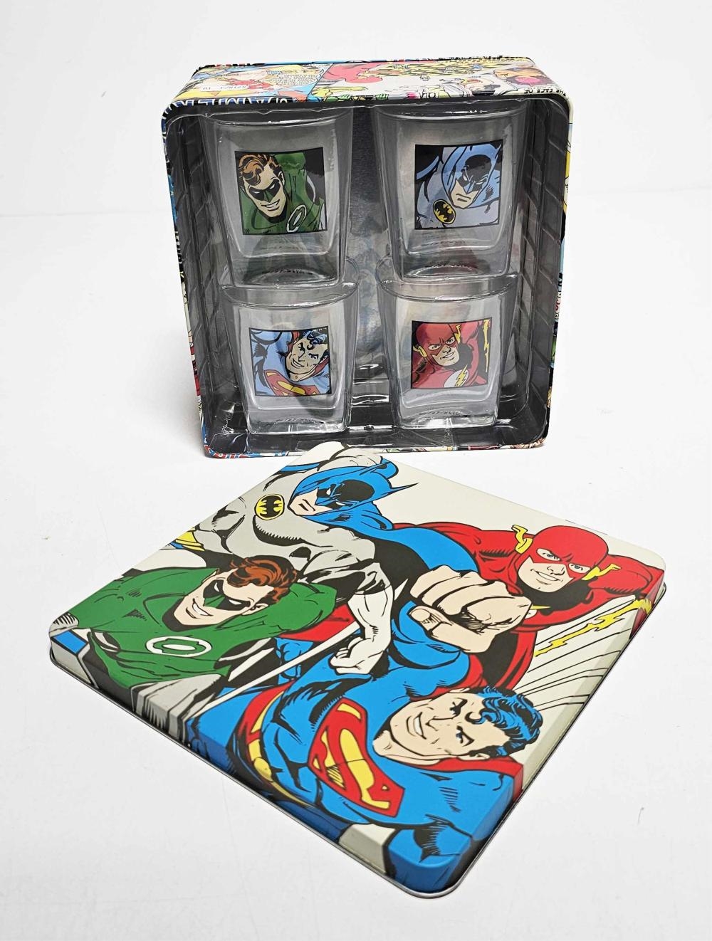 DC Comics | Set of four DC Comics Justice League glass tumblers in tin ...