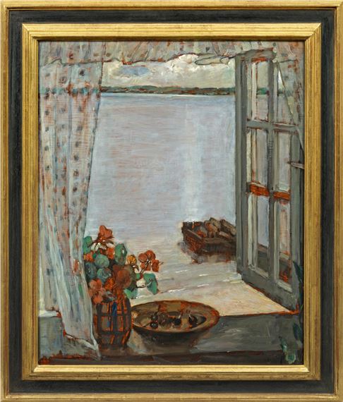 Bertha Dorph | auf der Fensterbank eine Blumenvase und Teller mit ...