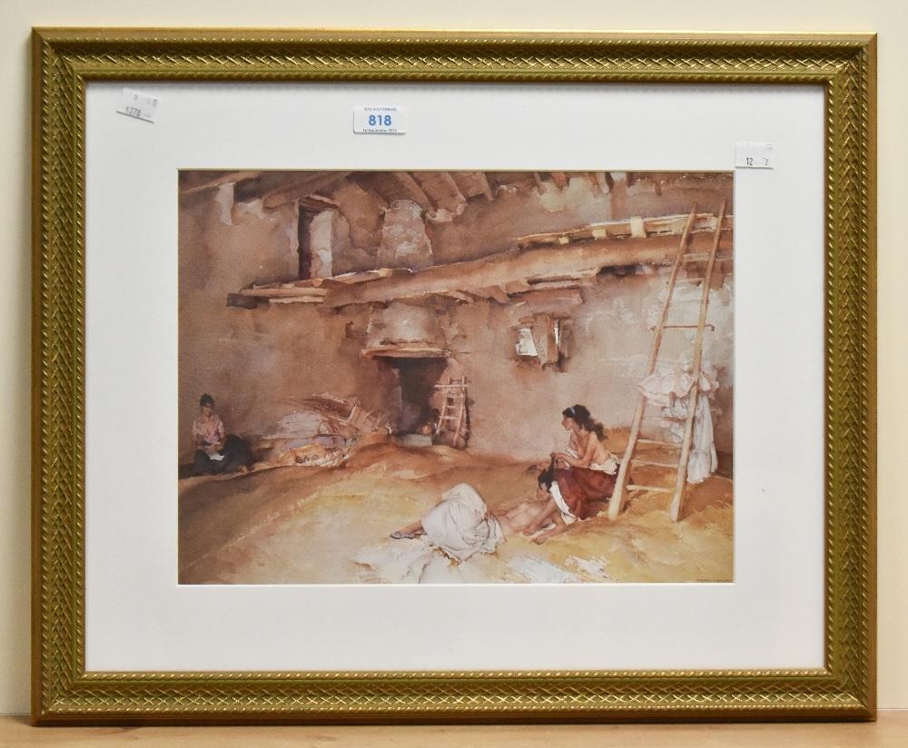 William Russell Flint | partially clothed women in a rural barn | MutualArt