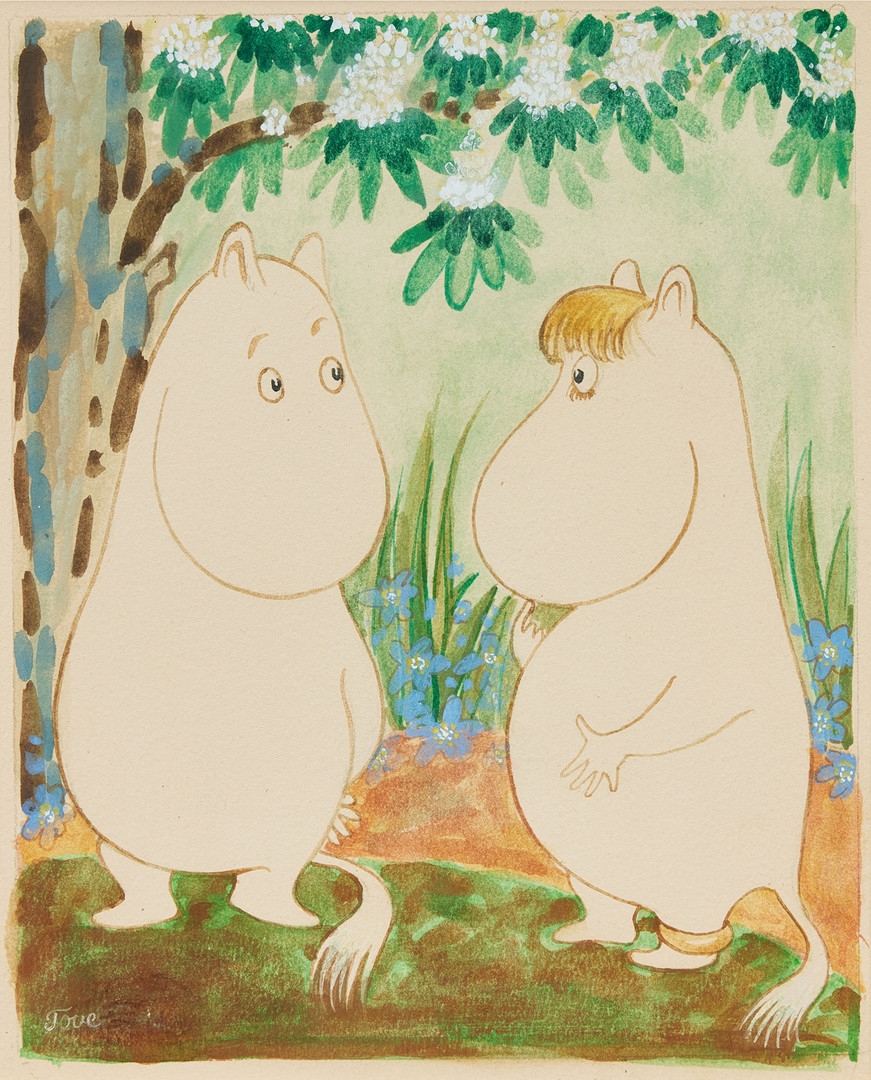 Tove Jansson | Mumintrollet och Snorkfröken vid ett blommande träd ...