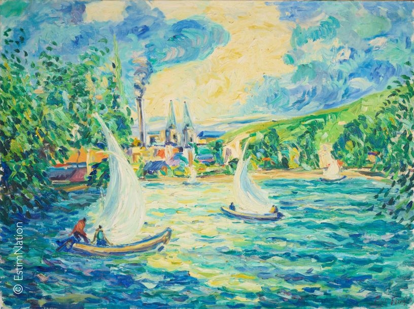 Paul Feron | Animated landscape of sailboats (20th Century) | MutualArt