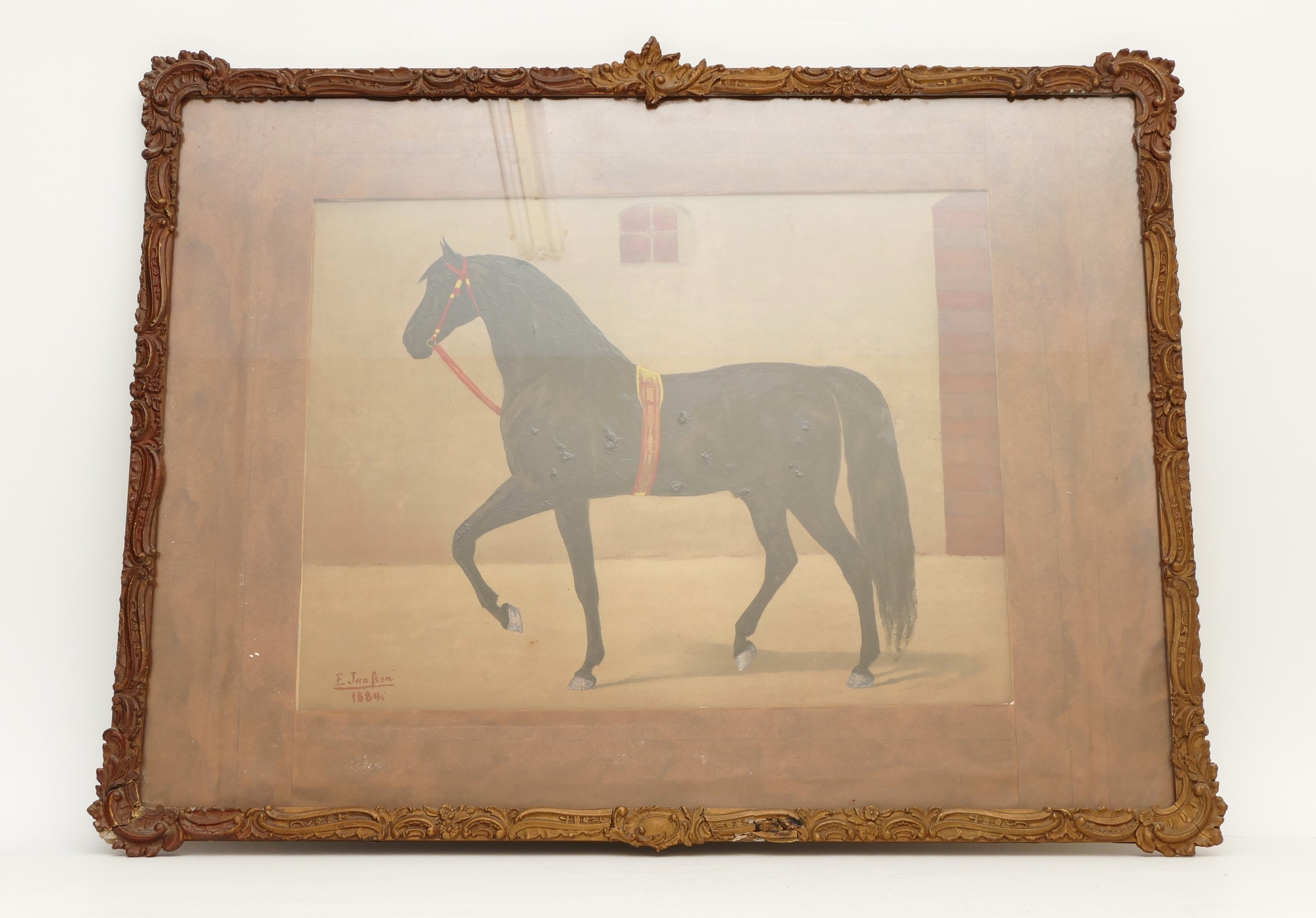 E. Jansem | black stallion in stable (1884) | MutualArt