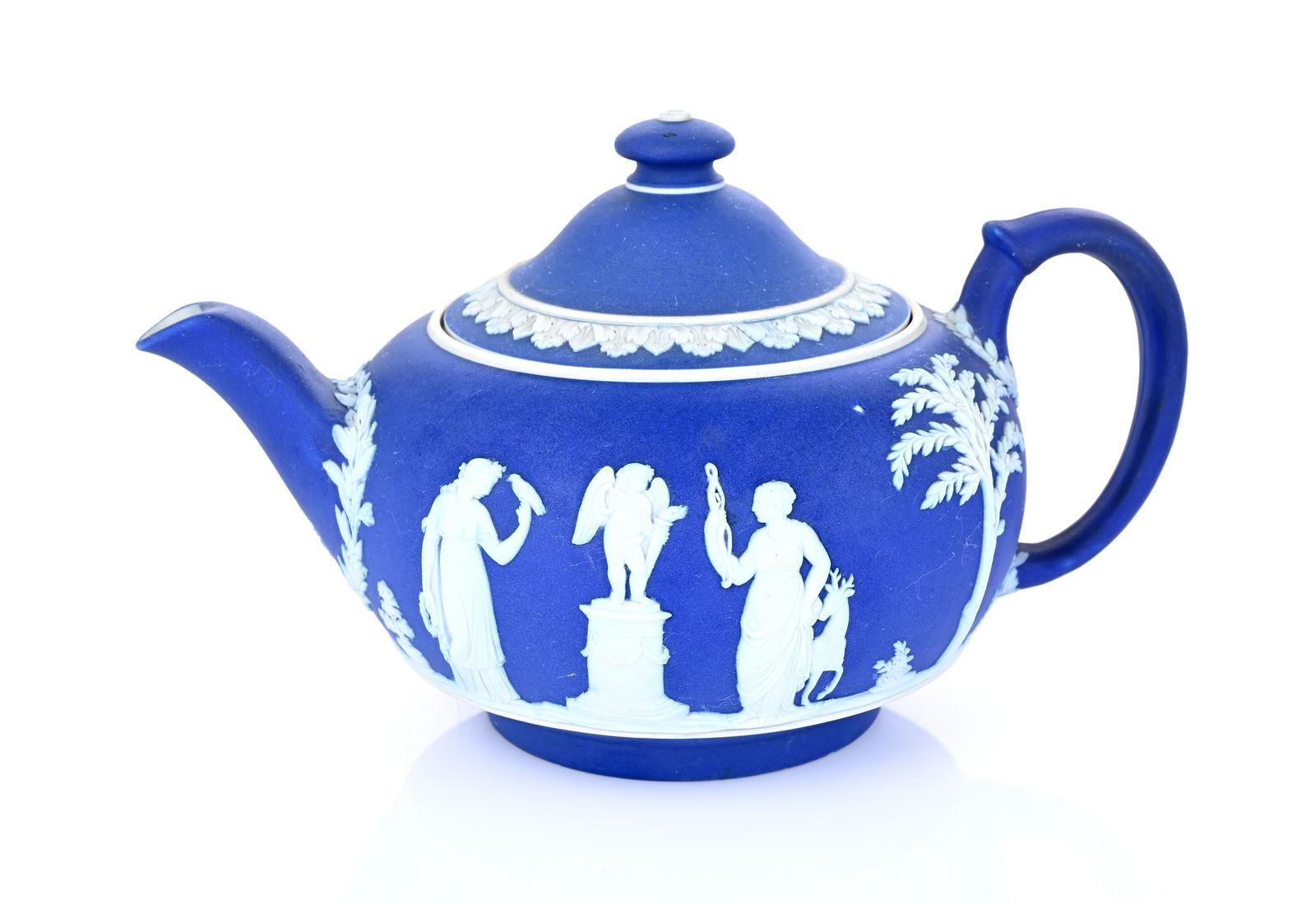Wedgwood | Three Wedgwood blue and white glazed pieces decorated with classical scenes | MutualArt