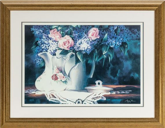 Arleta Pech | Still life. Jug of roses and hydrangeas. Lithograph ...