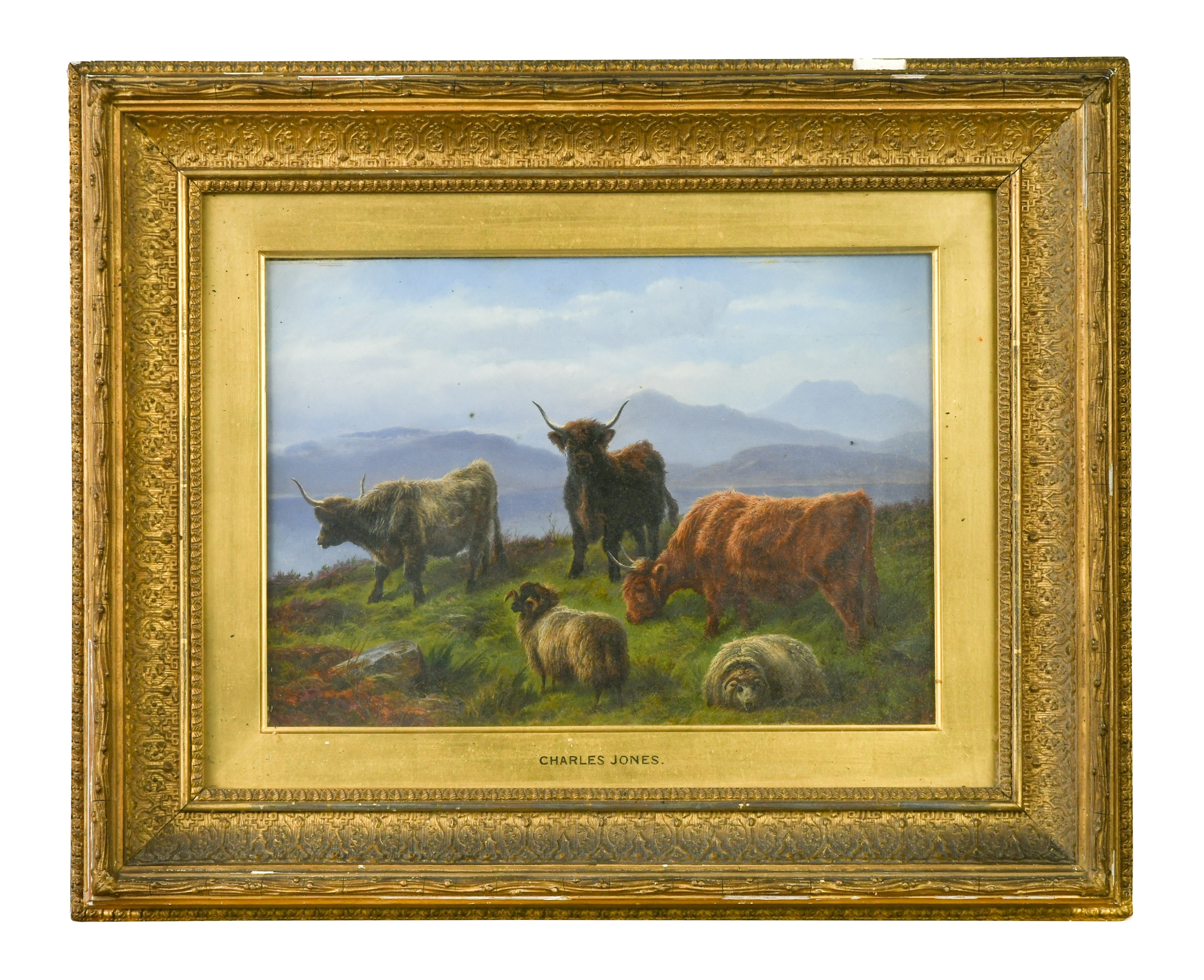Charles Jones | Cattle and sheep in a highland loch landscape | MutualArt