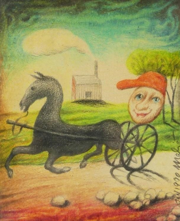 Miro Malish | Surrealist Scene Figure on Horse Carriage (1990) | MutualArt