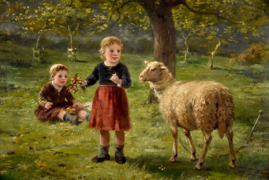 Charles Petit | Enfants et mouton dans un verger | MutualArt