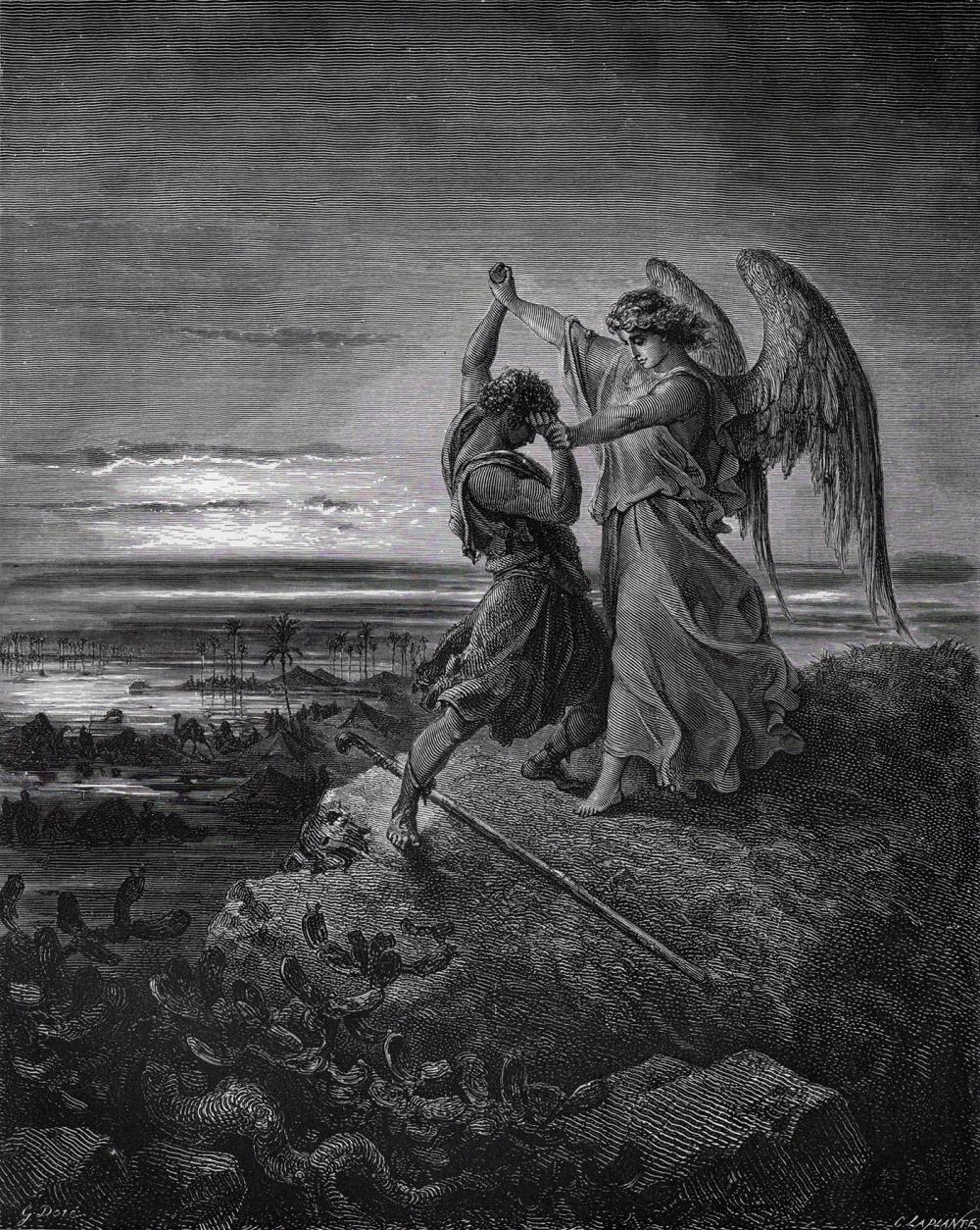 Gustave Doré | SIGNED 1800s Gustave DORE'S BIBLE Woodcut JACOB WRESTLES ...