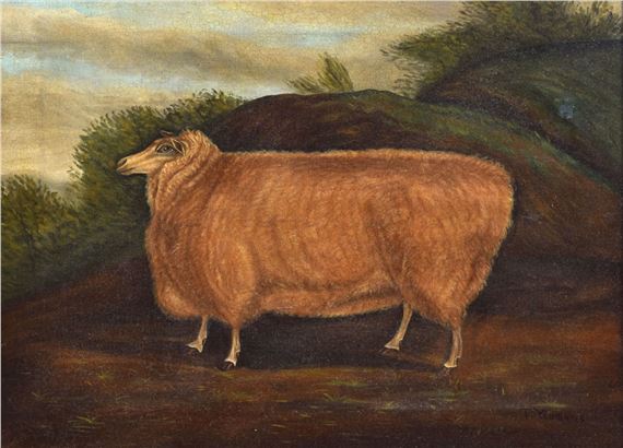 Thomas Yeomans | Oil on canvas - Primitive study of a sheep in a ...