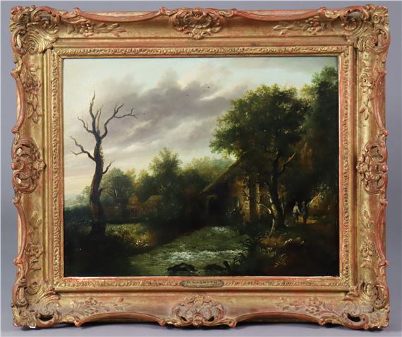Patrick Nasmyth | A wooded river landscape with figures beside a water mill (1817) | MutualArt