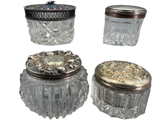 Sterling | 4 Pressed Glass Sterling Lidded Vanity Jars | MutualArt