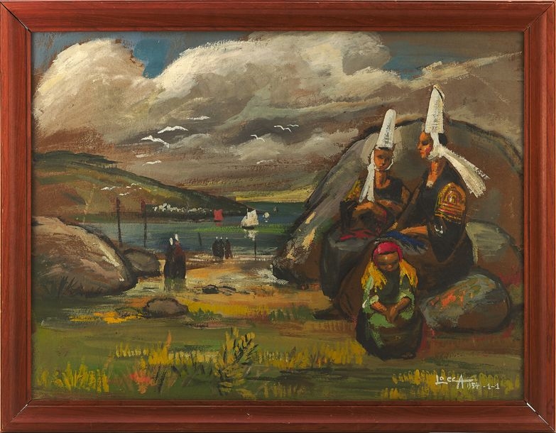 Bernard Locca | Bigoudènes et jeune fille en bord de mer (1954) | MutualArt