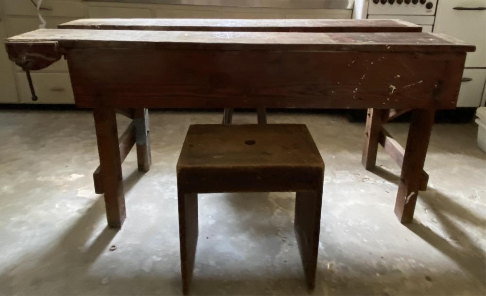 Wednesday | A Vintage Timber Workbench & Two Stools | MutualArt