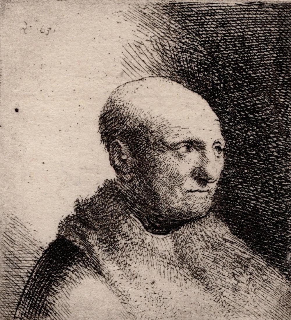 Rembrandt van Rijn | REMBRANDT 1800s Etching B324 A Bald Man in a Fur Cloak Signed DURAND ...