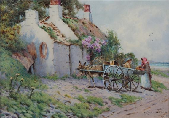 John Abernethy Lynas Gray | Figures beside a donkey cart and cottage (1913) | MutualArt