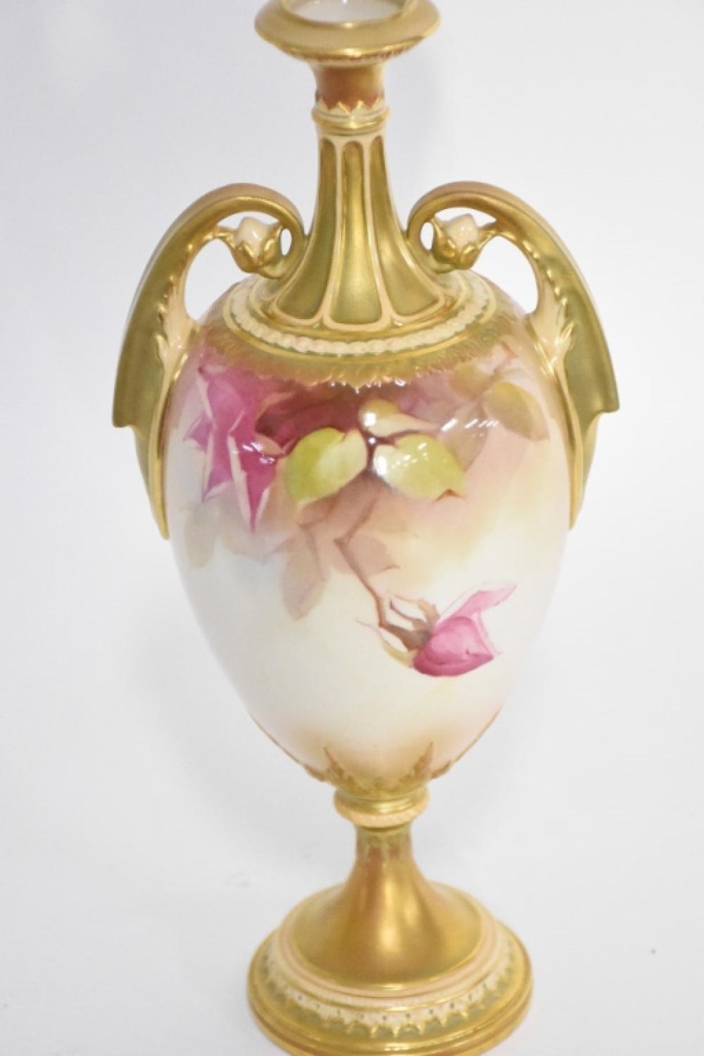Royal Worcester | A tall English Royal Worcester two handled vase having hand painted rose ...