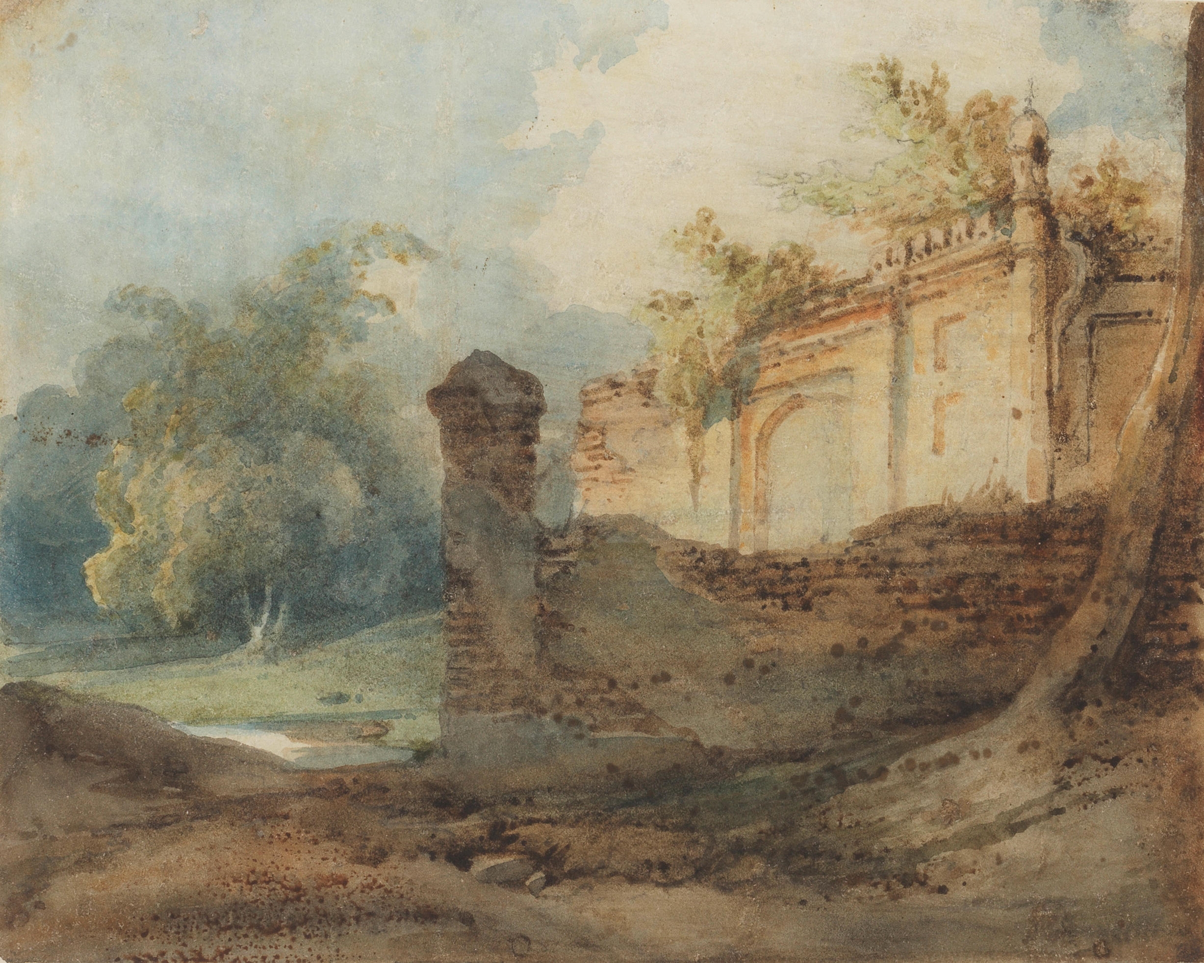 George Chinnery | Overgrown ruins and wall in a wooded landscape ...