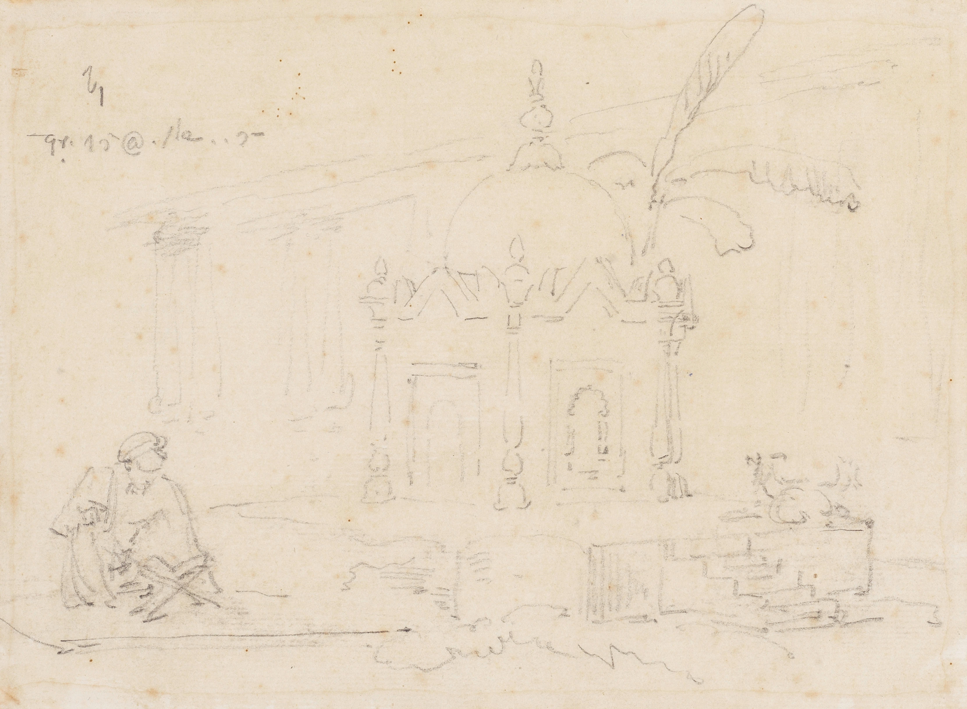 George Chinnery | Study of a seated figure by a shrine or tomb, India ...