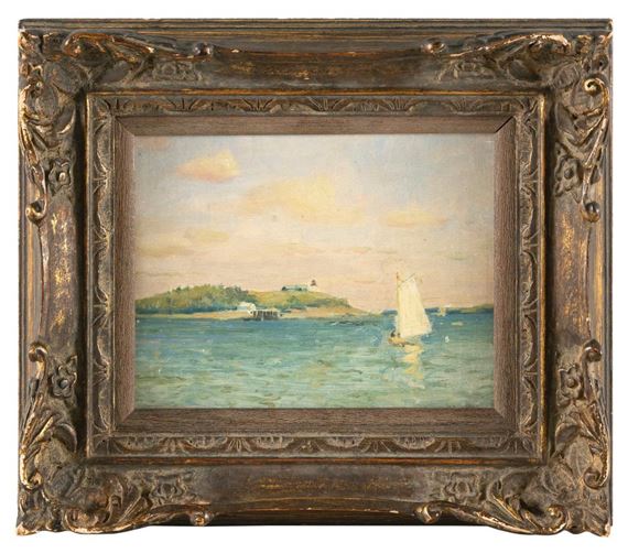 William R. Derrick | Seascape with a small vessel off a lighthouse ...