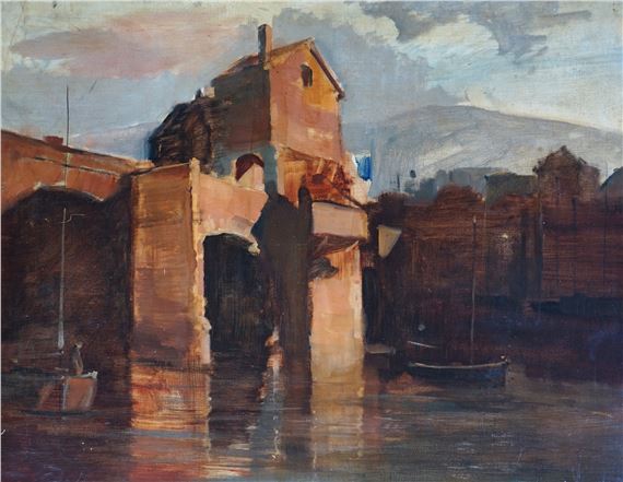 Thérèse Lessore | French town viewed from the riveroil on panelsigned45 ...