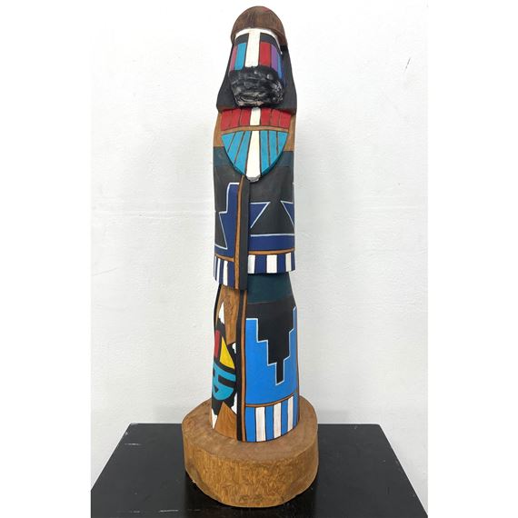 Jerry Guy | Signed JERRY GUY Painted Carved Wood Totem. Pedestal not included. Signed (11 ...