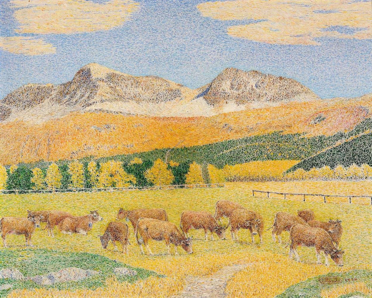 Gottardo Segantini | Mountains in the Engadine with cows at pasture ...