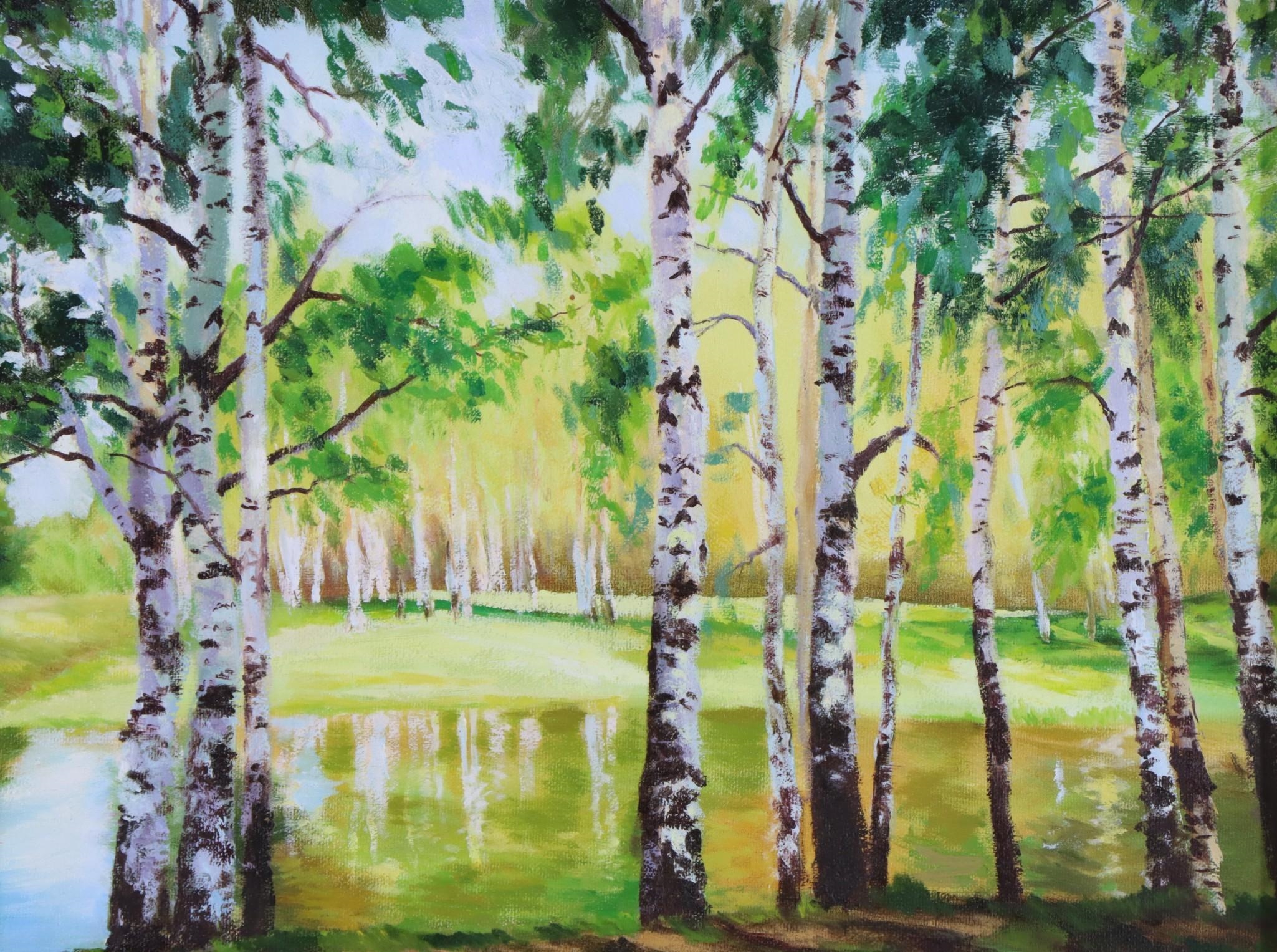 Tatiana Alexeeva | Impressionist landscape with birch trees and a ...