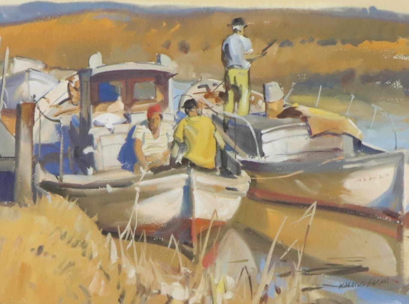 Maurice Logan | Impressionist harbor scene with fisherman on docked ...