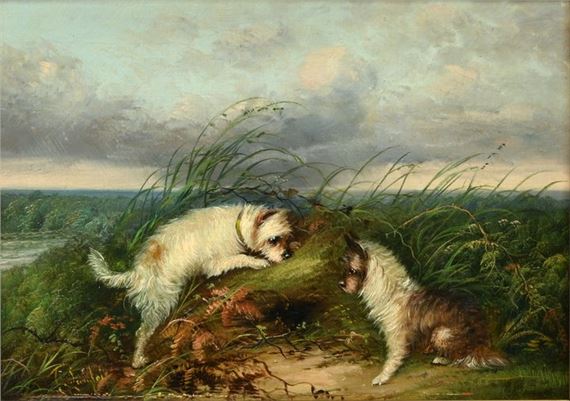 J. Langlois | Two terriers in front of a burrow | MutualArt