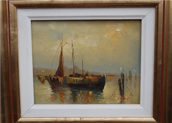 G. Lloyd | Anchoring fish boats with seagulls | MutualArt