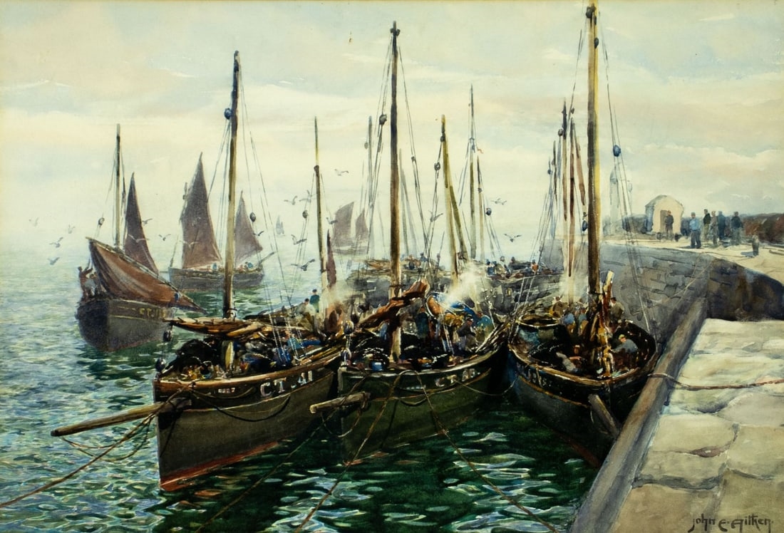 John Ernest Aitken | Harbor Scene with Fishing Boats | MutualArt
