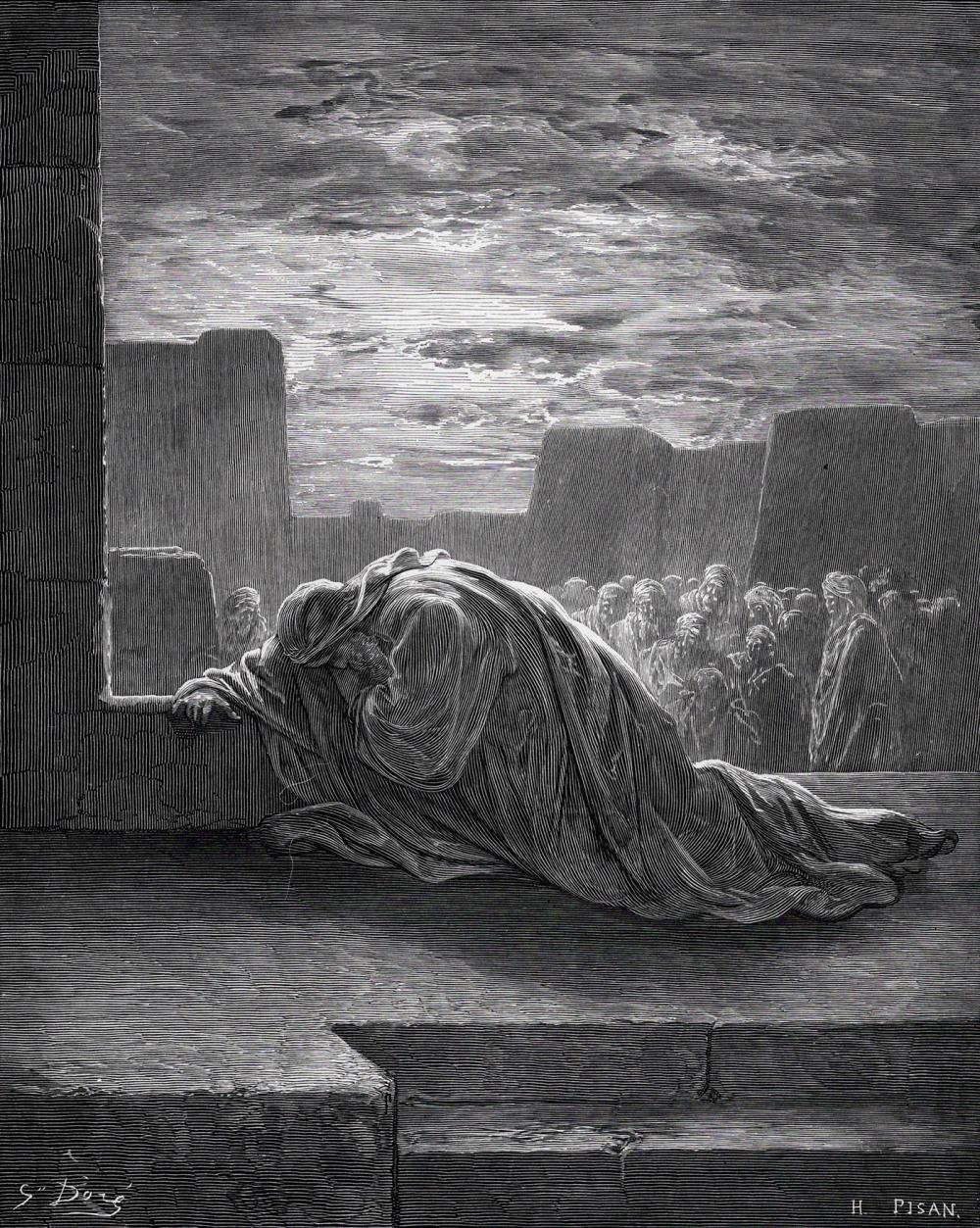 Gustave Doré | GUSTAVE DORE 1800s Religious Wood Engraving EZRA PRAYING ...
