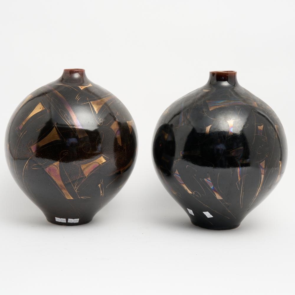 Greg Daly | A PAIR OF SPHERICAL GLAZED POTTERY VASES WITH GOLD PATTERNS ...