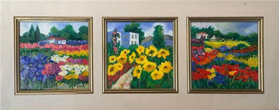 Heddy Kun | Flowers in landscape - triptych | MutualArt