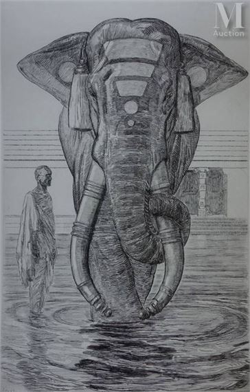 Paul Jouve | Elephants of the Siva temple Etching Signed in the plate ...