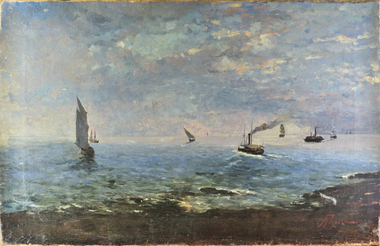 Andrea Figari | MARINA CON BARCHE E VAPORETTO olio su tela | MutualArt