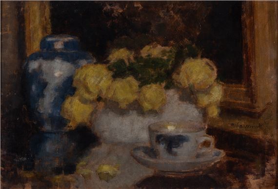 Alfons Karpiński | Still life with yellow roses and porcelain vase ...