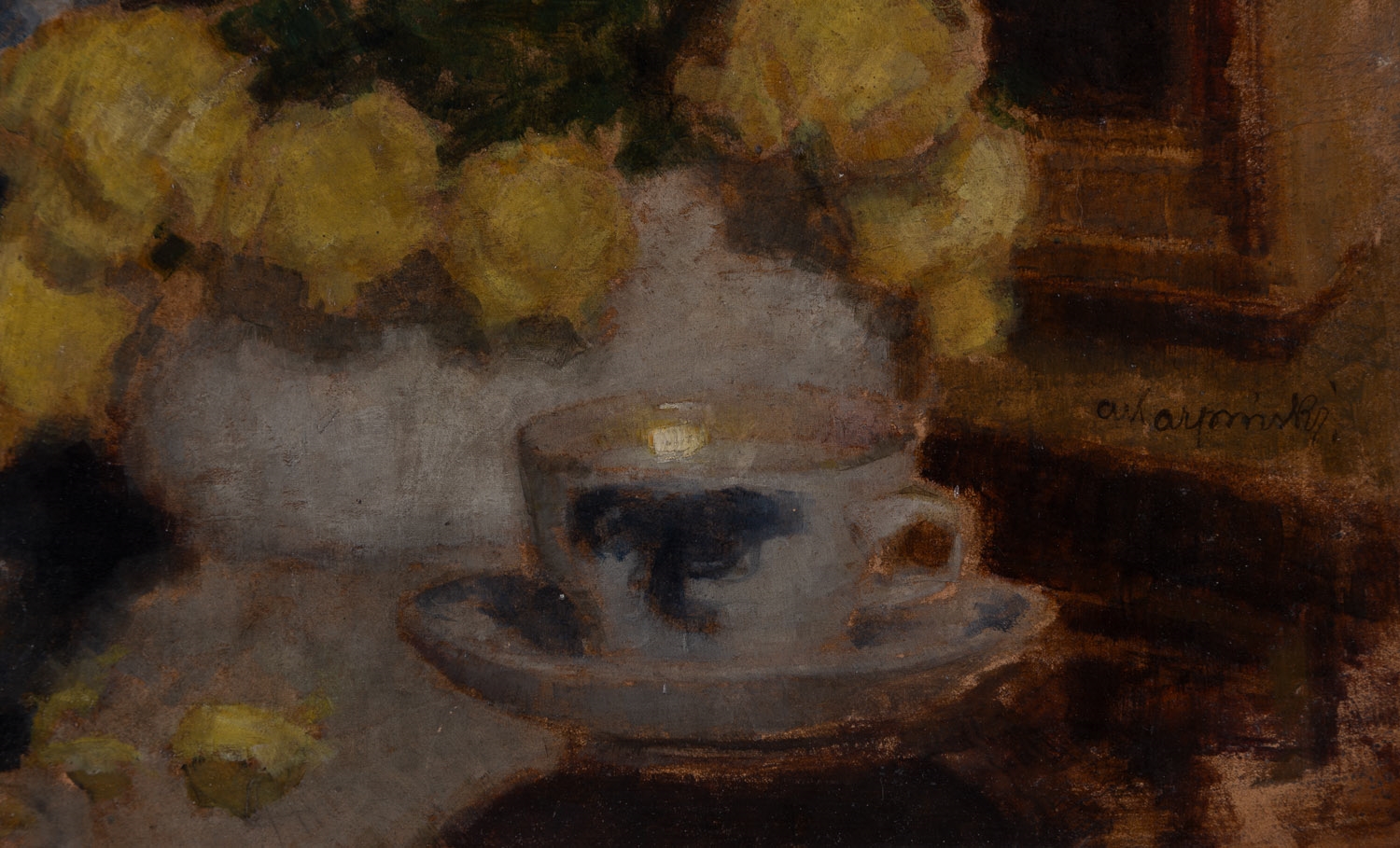 Alfons Karpiński | Still life with yellow roses and porcelain vase ...