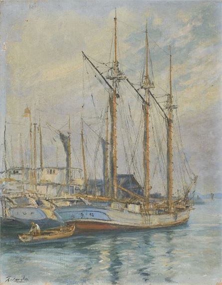 Japanese School | Three masts in a Japanese port Oil on canvas | MutualArt