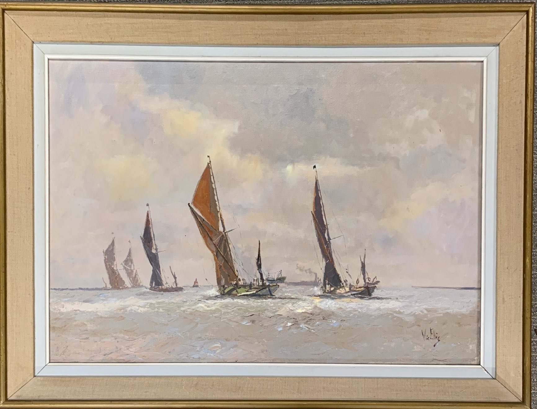 Vic Ellis A Large Gilt Framed Oil On Canvas Of Thames Barges Racing